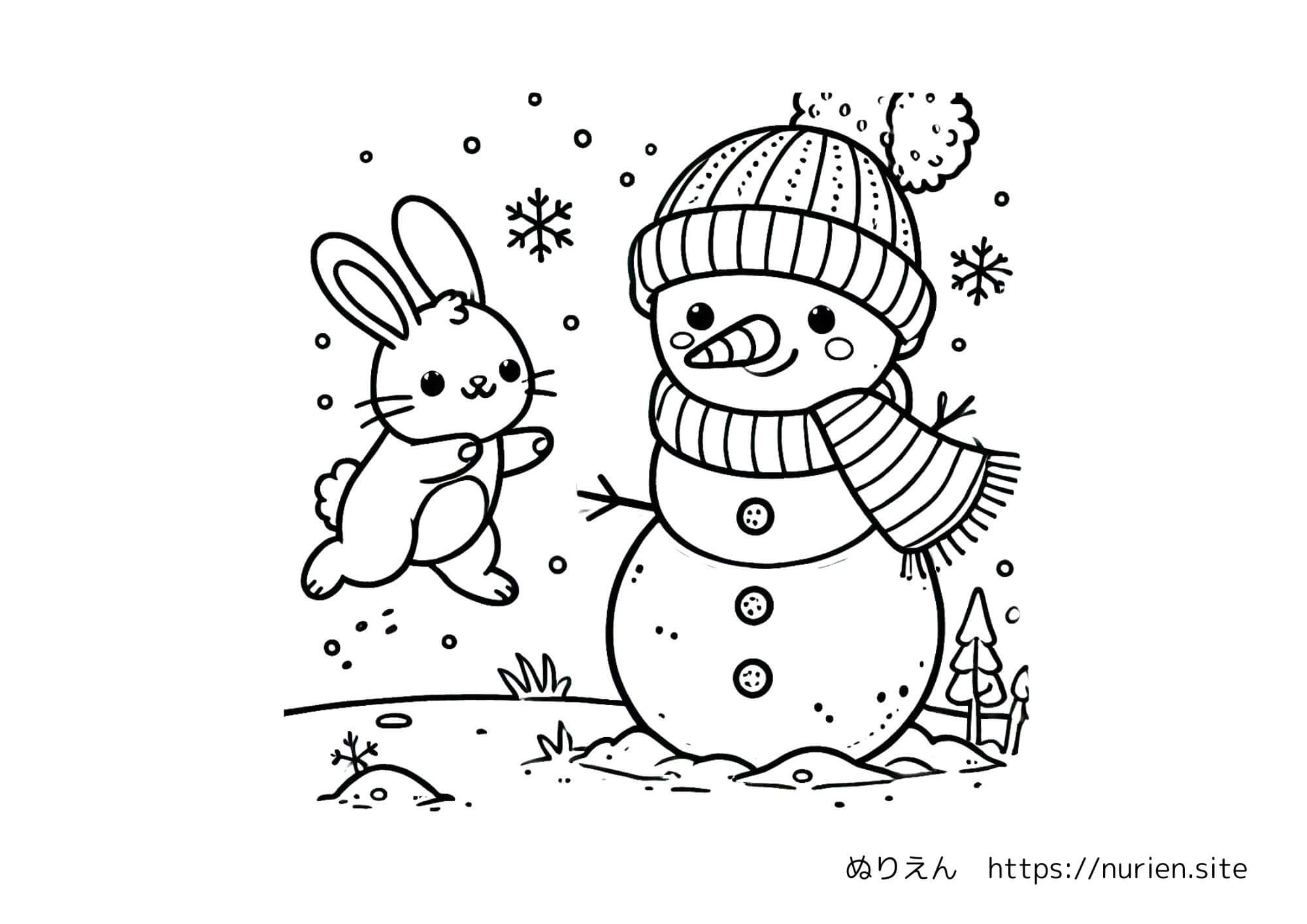 雪だるまと雪うさぎのぬりえ｜ほっこり冬のかわいい1枚【無料素材】 | 【無料ぬりえ】家庭・保育・介護で使える！印刷して楽しめる塗り絵サイト「ぬりえん」